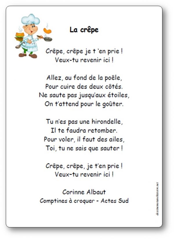 Comptine La crêpe - Paroles illustrée à imprimer gratuitement "La crêpe"