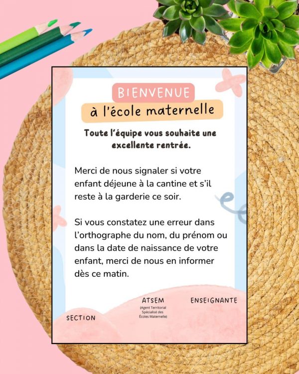 Affiche gratuite rentrée maternelle A4 à imprimer pour les parents